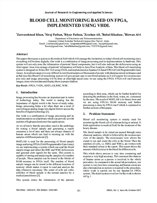 (PDF) Blood Cell Monitoring Based on Fpga,Implemented Using VHDL