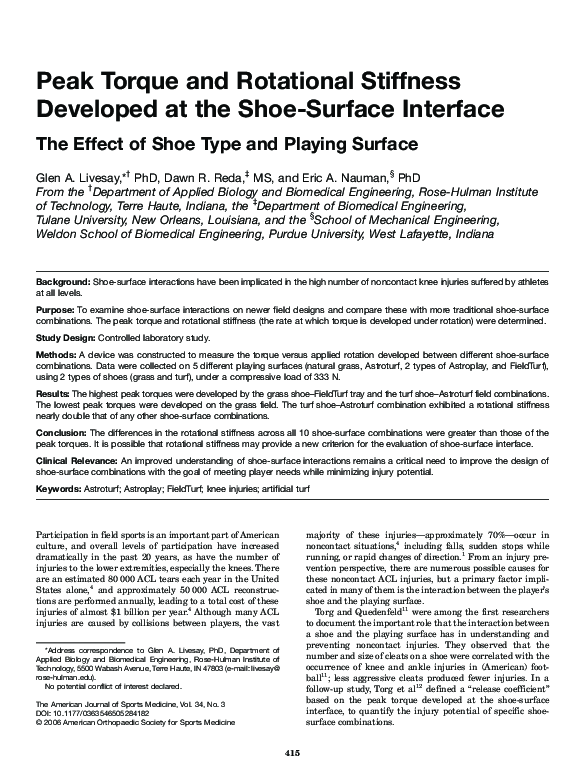(PDF) Peak Torque and Rotational Stiffness Developed at the Shoe-Surface Interface