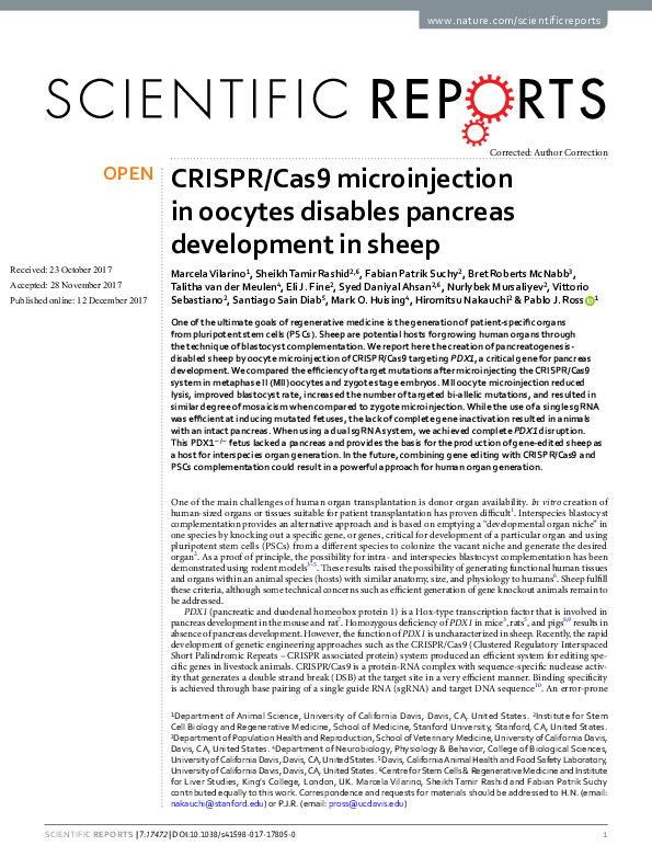 (PDF) CRISPR/Cas9 microinjection in oocytes disables pancreas ...