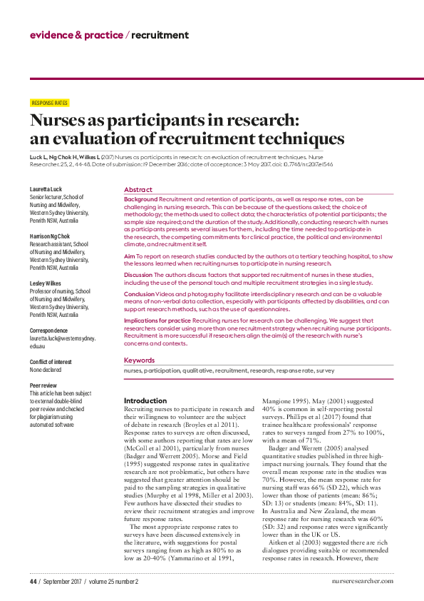 (PDF) Nurses as participants in research: an evaluation of recruitment ...