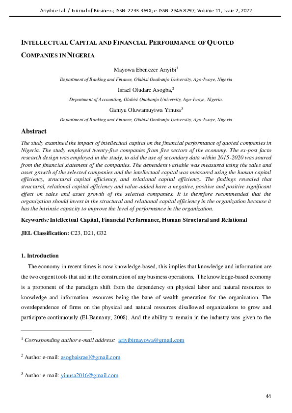 (PDF) Intellectual Capital and Financial Performance of Quoted Companies in Nigeria