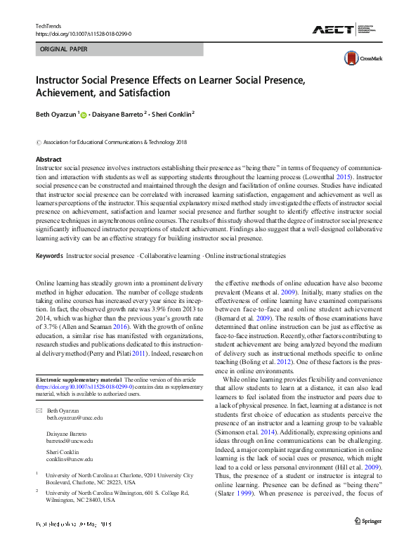 Pdf Instructor Social Presence Effects On Learner Social Presence Achievement And Satisfaction