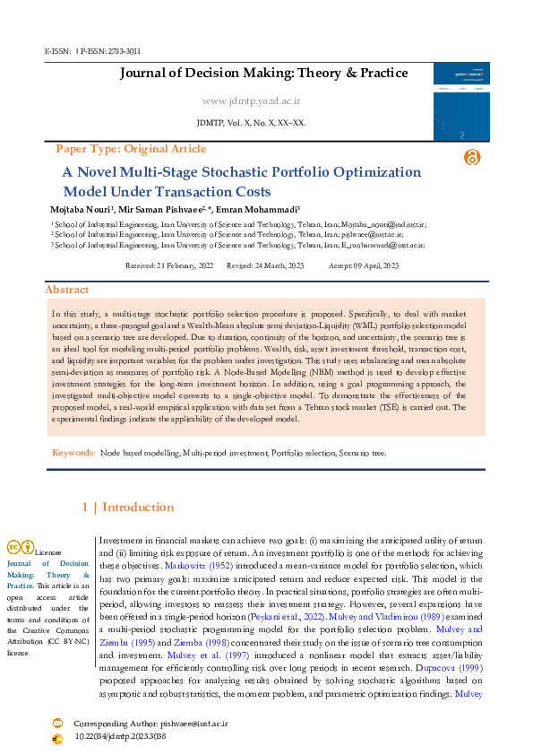 (PDF) A Novel Multi-Stage Stochastic Portfolio Optimization Model Under Transaction Costs