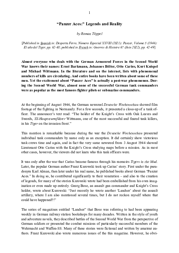 (PDF) "Panzer Aces:" Legends and Reality (2021)