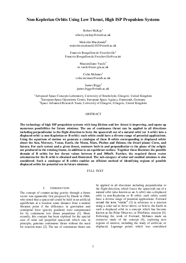 (PDF) Non-Keplerian orbits using low thrust, high isp propulsion systems