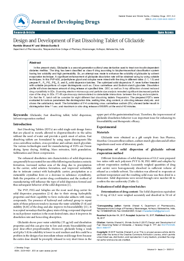 Pdf Design And Development Of Fast Dissolving Tablet Of Gliclazide Ashfaq Ahamed A