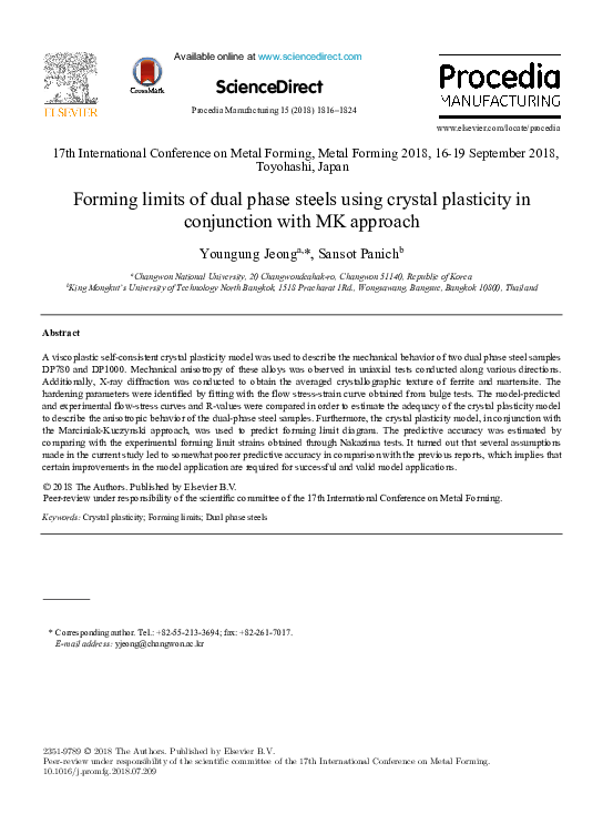 (PDF) Forming limits of dual phase steels using crystal plasticity in ...