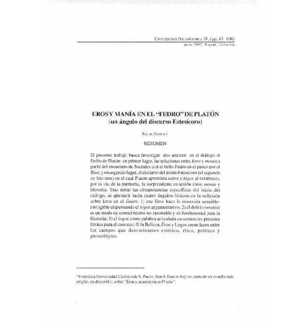 (PDF) Eros y Manía en el Fedro de Platón: (un ángulo del discurso ...