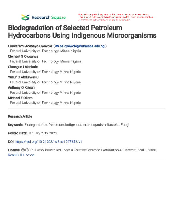 (PDF) Biodegradation of Selected Petroleum Hydrocarbons Using Indigenous Microorganisms