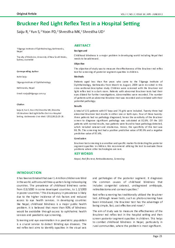 (PDF) Bruckner Red Light Reflex Test in a Hospital Setting