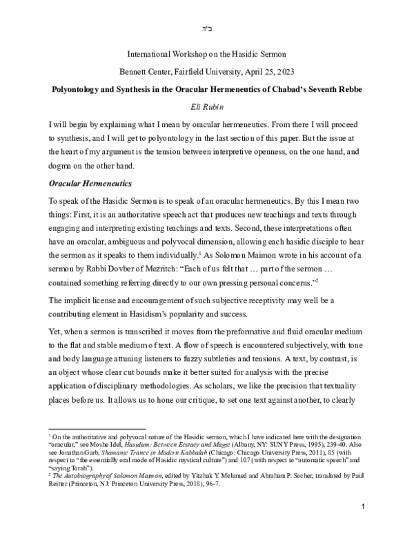 (PDF) Polyontology and Synthesis in the Oracular Hermeneutics of Chabad ...