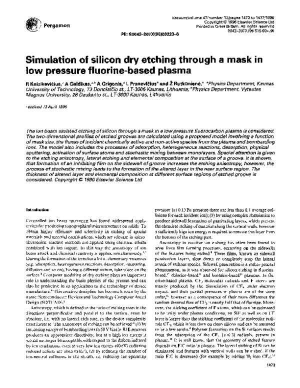 (PDF) Simulation of silicon dry etching through a mask in low pressure ...