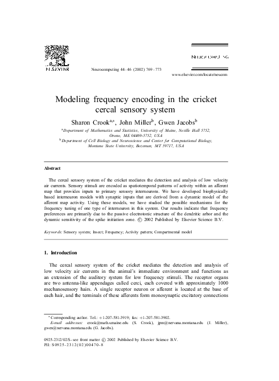 (PDF) Modeling frequency encoding in the cricket cercal sensory system