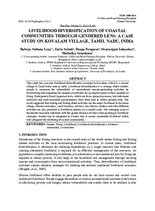 (PDF) Livelihood Diversification of Coastal Communities Through Gendered Lens: A Case Study on ...