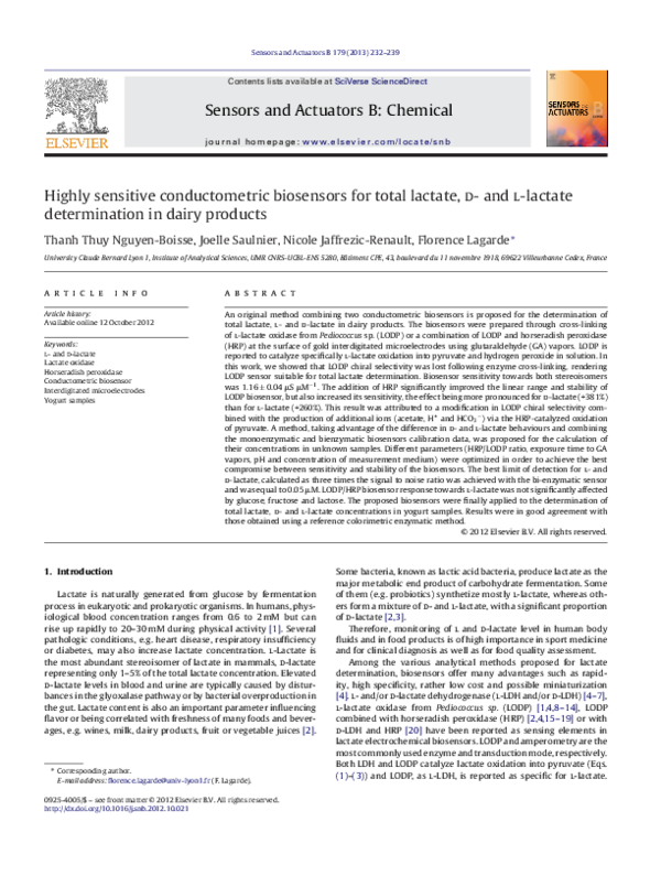 (PDF) Highly sensitive conductometric biosensors for total lactate, d ...
