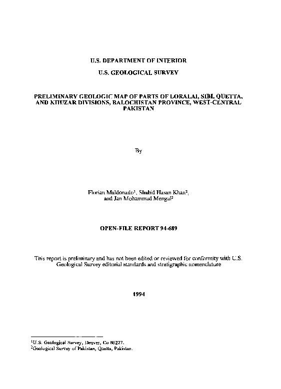 (PDF) Preliminary geologic map of parts of Loralai, Sibi, Quetta, and ...