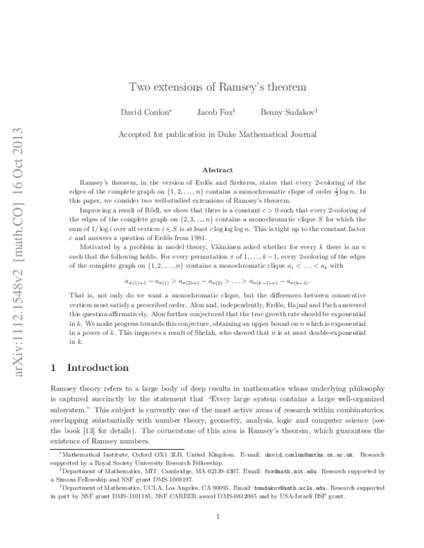(PDF) Two extensions of Ramsey’s theorem
