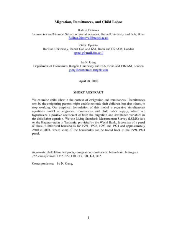 (PDF) Migration, Remittances, and Child Labor