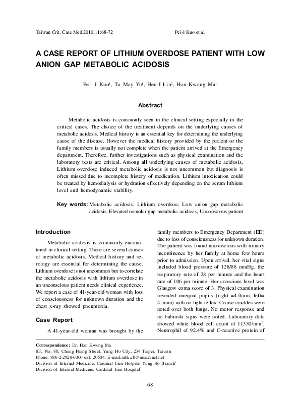 (PDF) A Case Report of Lithium Overdose Patient with Low Anion Gap ...