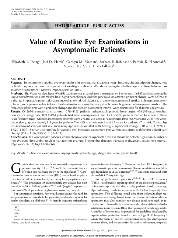 (PDF) Value of Routine Eye Examinations in Asymptomatic Patients