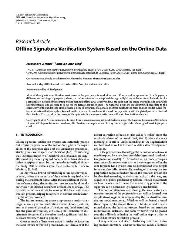 Pdf Offline Signature Verification System Based On The Online Data