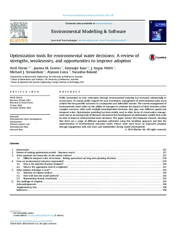 (PDF) Optimization tools for environmental water decisions: A review of ...
