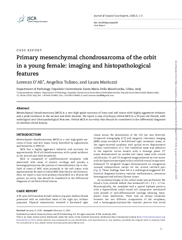 (PDF) Primary mesenchymal chondrosarcoma of the orbit in a young female ...