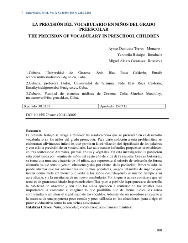 (PDF) La Precisión Del Vocabulario en Niños Del Grado Preescolar