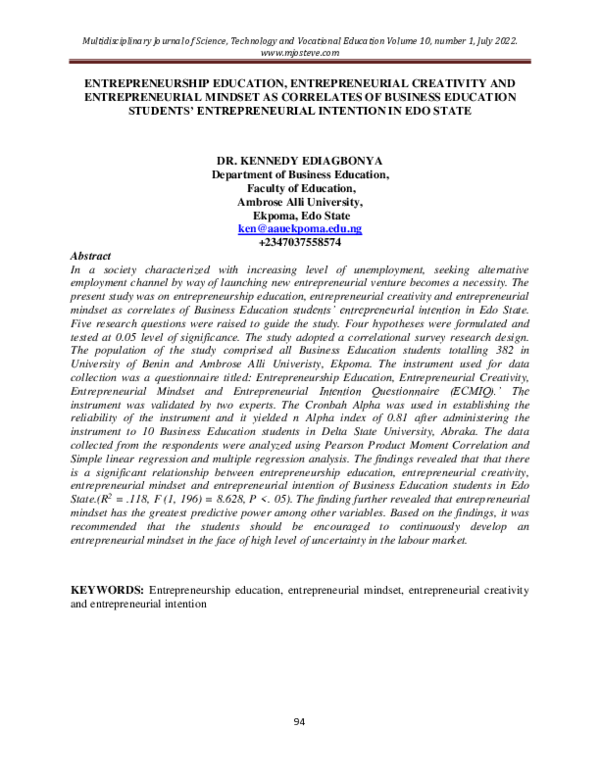 (PDF) ENTREPRENEURSHIP EDUCATION, ENTREPRENEURIAL CREATIVITY AND ...