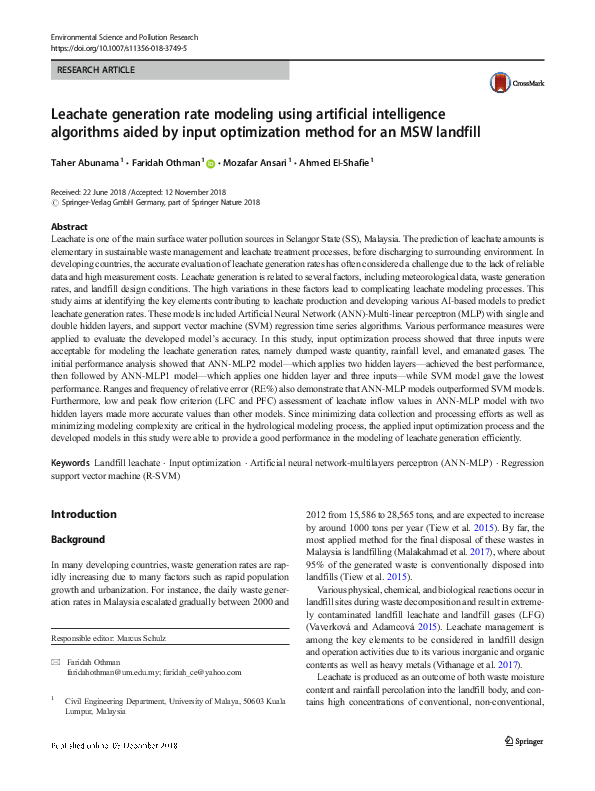 (PDF) Leachate generation rate modeling using artificial intelligence algorithms aided by input ...