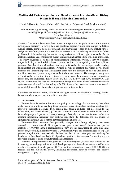 Pdf Multimodal Fusion Algorithm And Reinforcement Learning Based Dialog System In Human