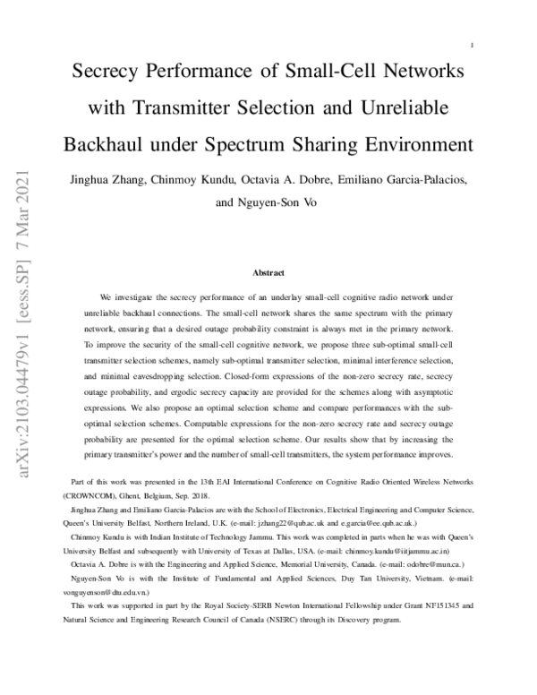 (PDF) Secrecy Performance of Small-Cell Networks With Transmitter Selection and Unreliable ...