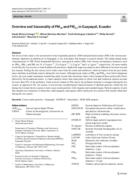 (PDF) Overview and Seasonality of PM10 and PM2.5 in Guayaquil, Ecuador