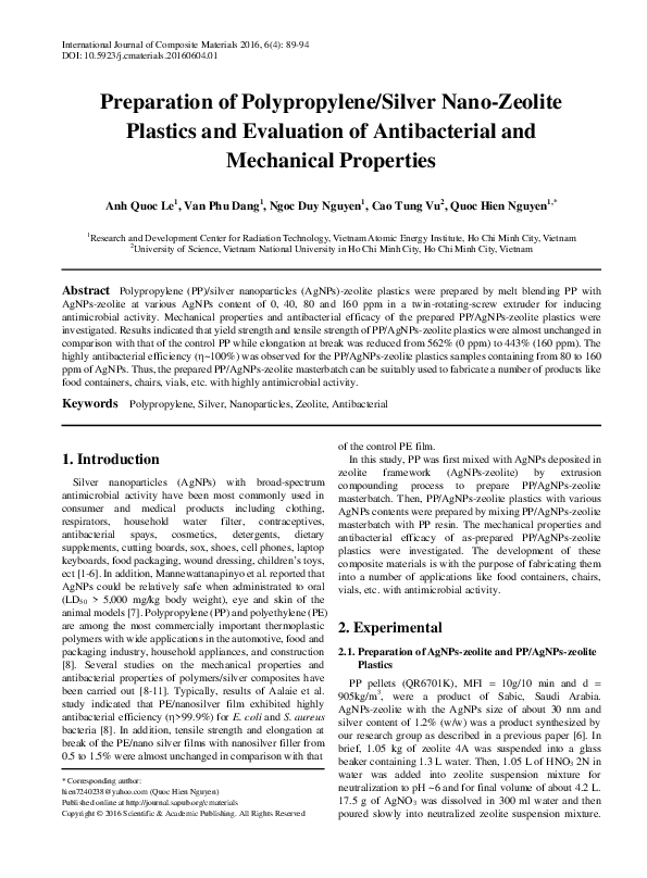 (PDF) Preparation of Polypropylene/Silver Nano-Zeolite Plastics and ...