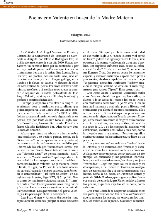(PDF) Poetas con Valente en busca de la Madre Materia