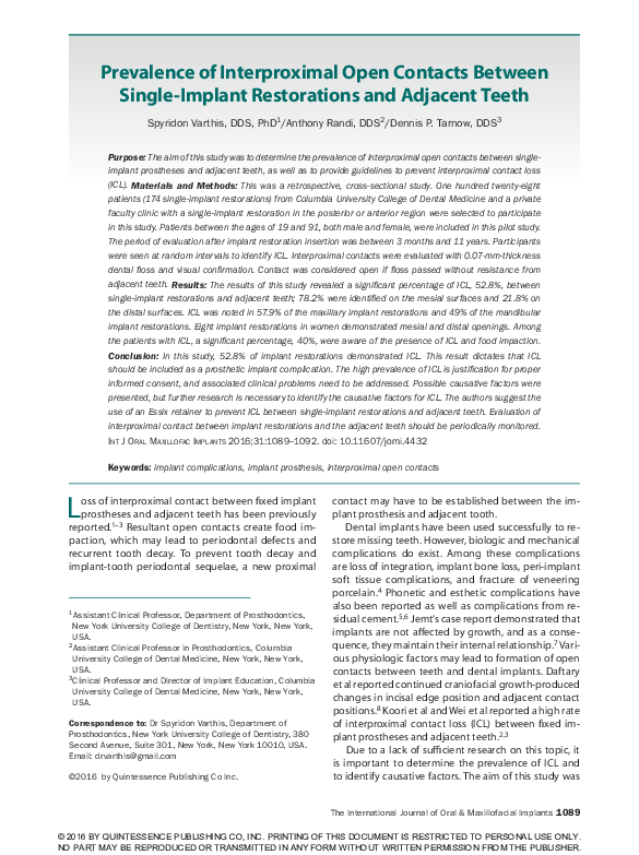 (PDF) Prevalence of Interproximal Open Contacts Between Single-Implant ...