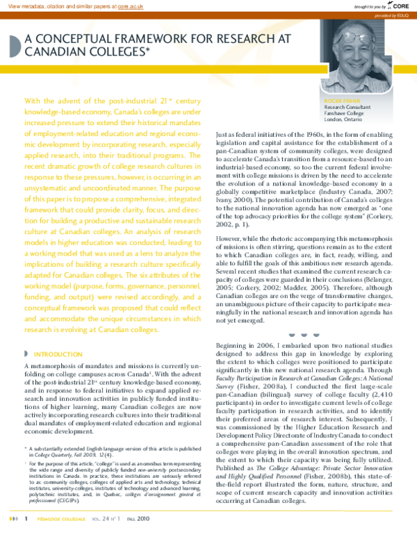 (PDF) A conceptual framework for research at Canadian colleges