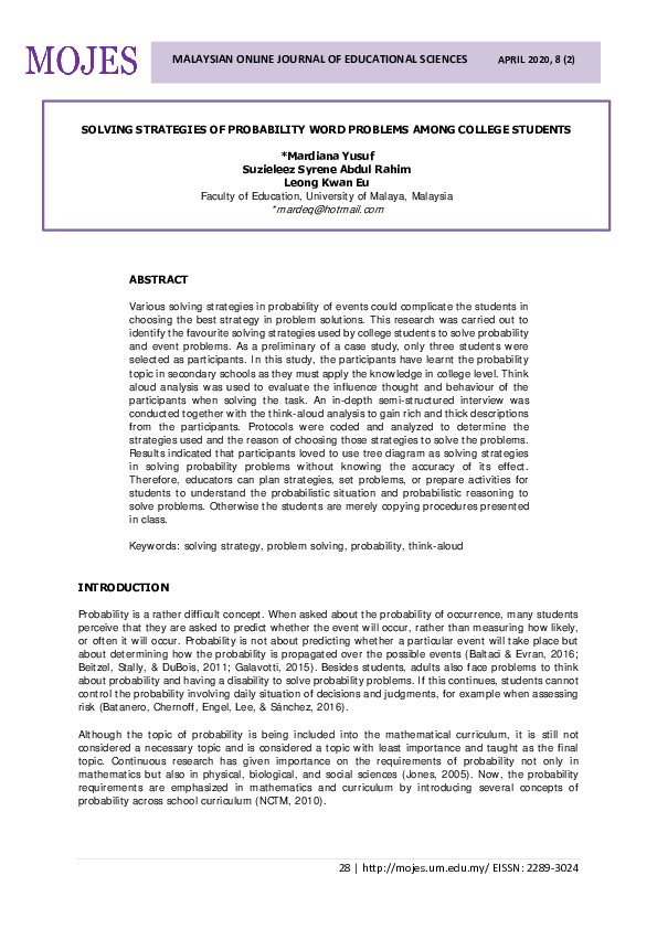 (PDF) Solving Strategies of Probability Word Problems among College Students