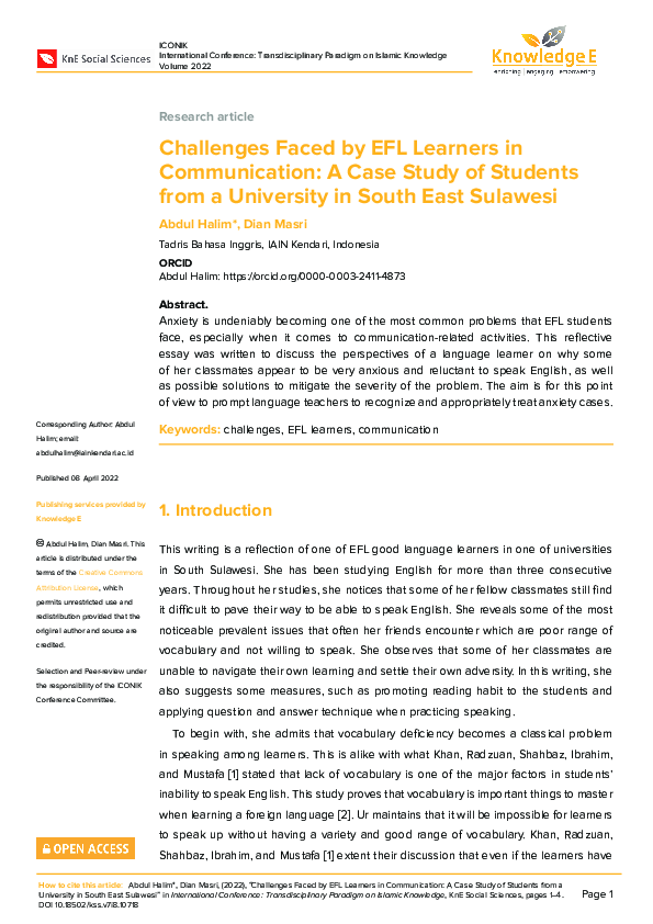 (PDF) Challenges Faced by EFL Learners in Communication: A Case Study of Students from a ...