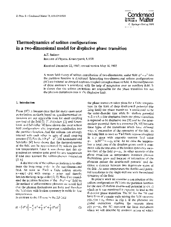 (PDF) Thermodynamics of solition configurations in a two-dimensional ...