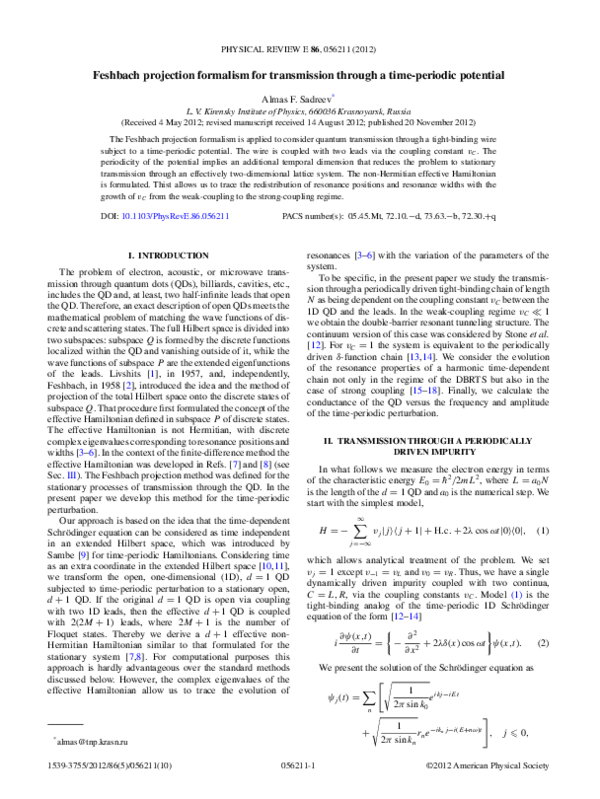 (PDF) Feshbach projection formalism for transmission through a time ...