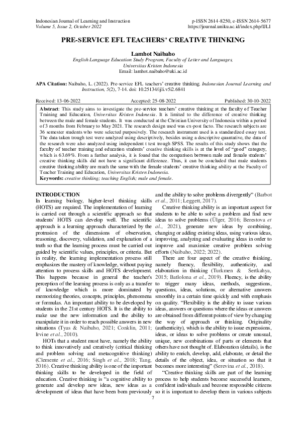 (PDF) Pre-Service Efl Teachers’ Creative Thinking (PDF) Pre-Service Efl Teachers’ Creative Thinking