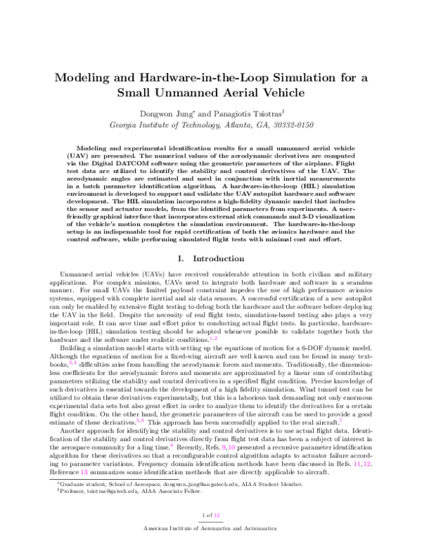 Pdf Modeling And Hardware In The Loop Simulation For A Small Unmanned Aerial Vehicle