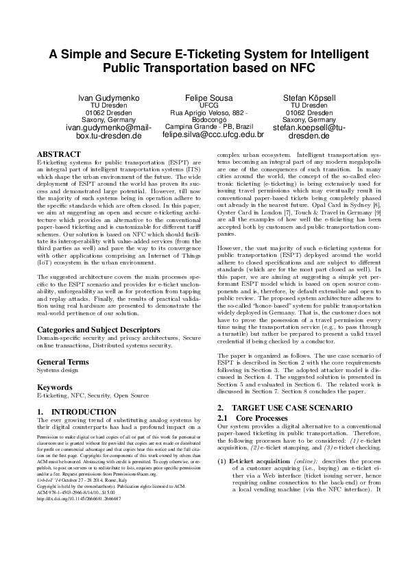 (PDF) A Simple and Secure E-Ticketing System for Intelligent Public Transportation based on NFC