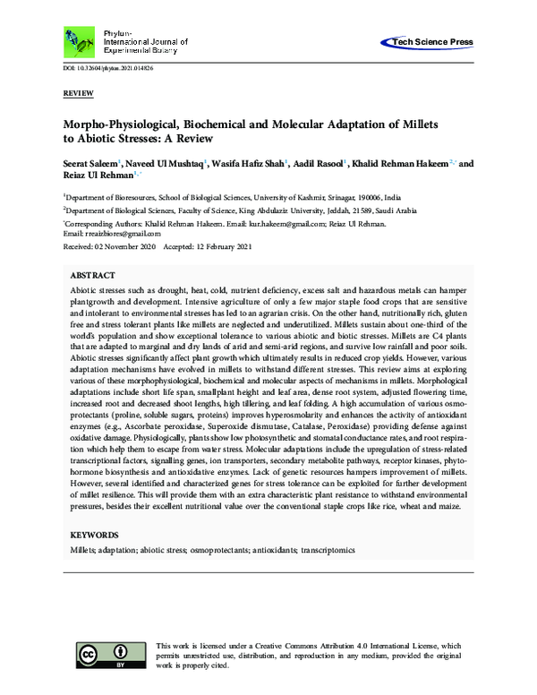 (PDF) Morpho-Physiological, Biochemical and Molecular Adaptation of Millets to Abiotic Stresses ...