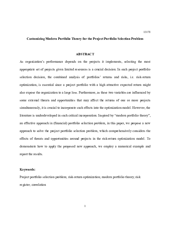 Pdf Customizing Modern Portfolio Theory For The Project Portfolio Selection Problem
