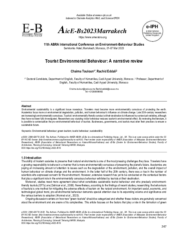 (PDF) Tourist Environmental Behaviour: A narrative review