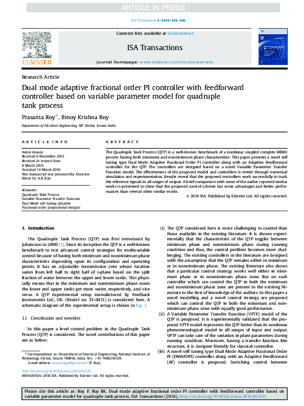 Pdf Dual Mode Adaptive Fractional Order Pi Controller With Feedforward Controller Based On