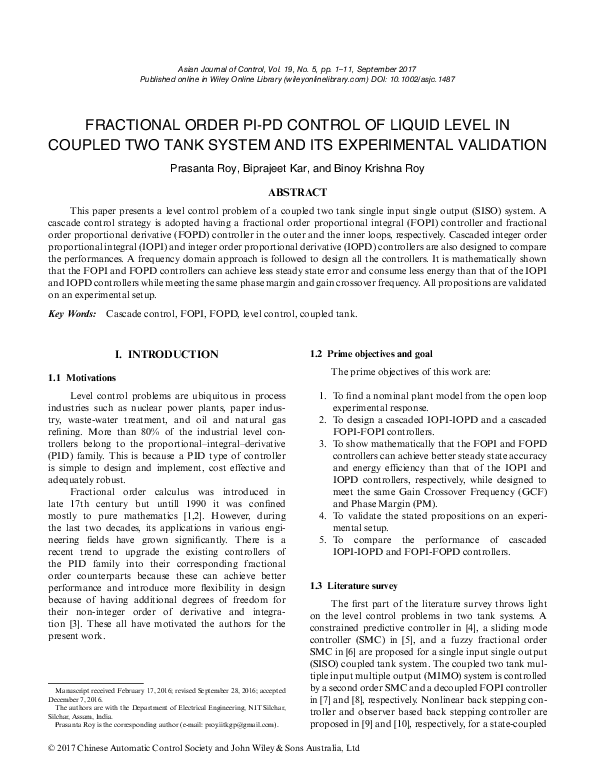Pdf Fractional Order Pi Pd Control Of Liquid Level In Coupled Two