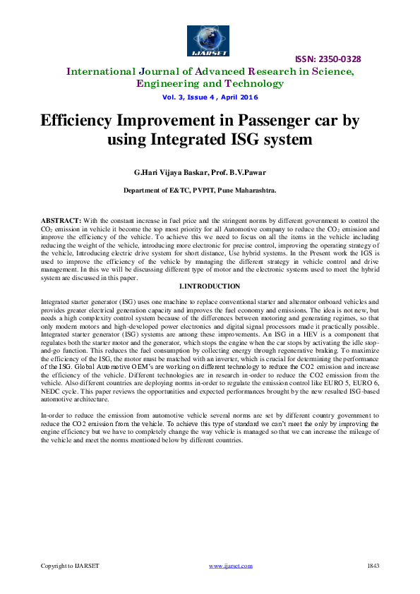 (PDF) Efficiency Improvement in Passenger car by using Integrated ISG system